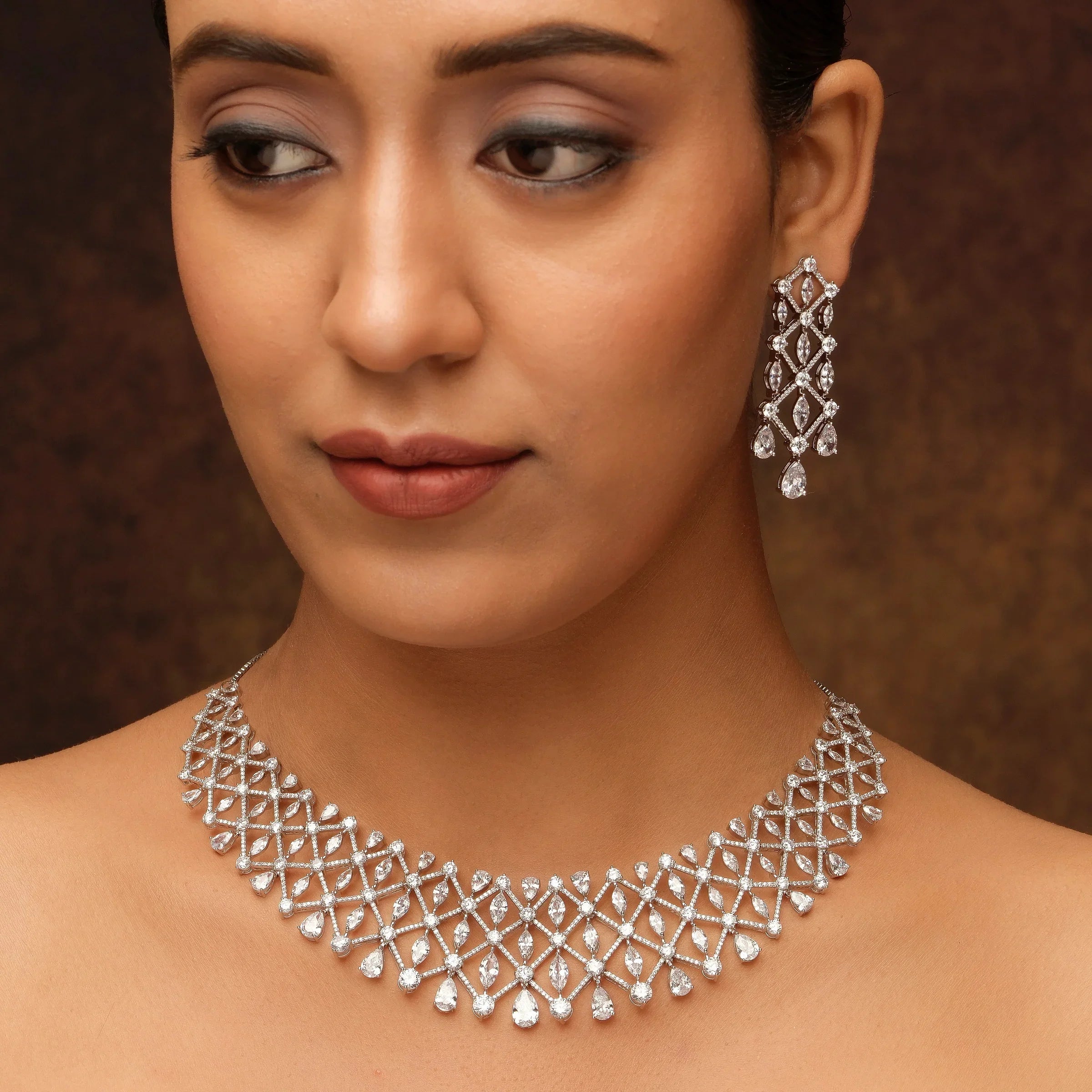 Silver Plated Faux Diamond Necklace Set – Studio Gulabi